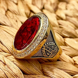 Ruby Red Cubic Zirconia 14k Gold Plated Bishop Cross and Midre Ring ...