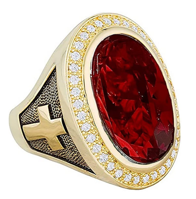 Ruby Red Cubic Zirconia 14k Gold Plated Bishop Cross and Midre Ring ...