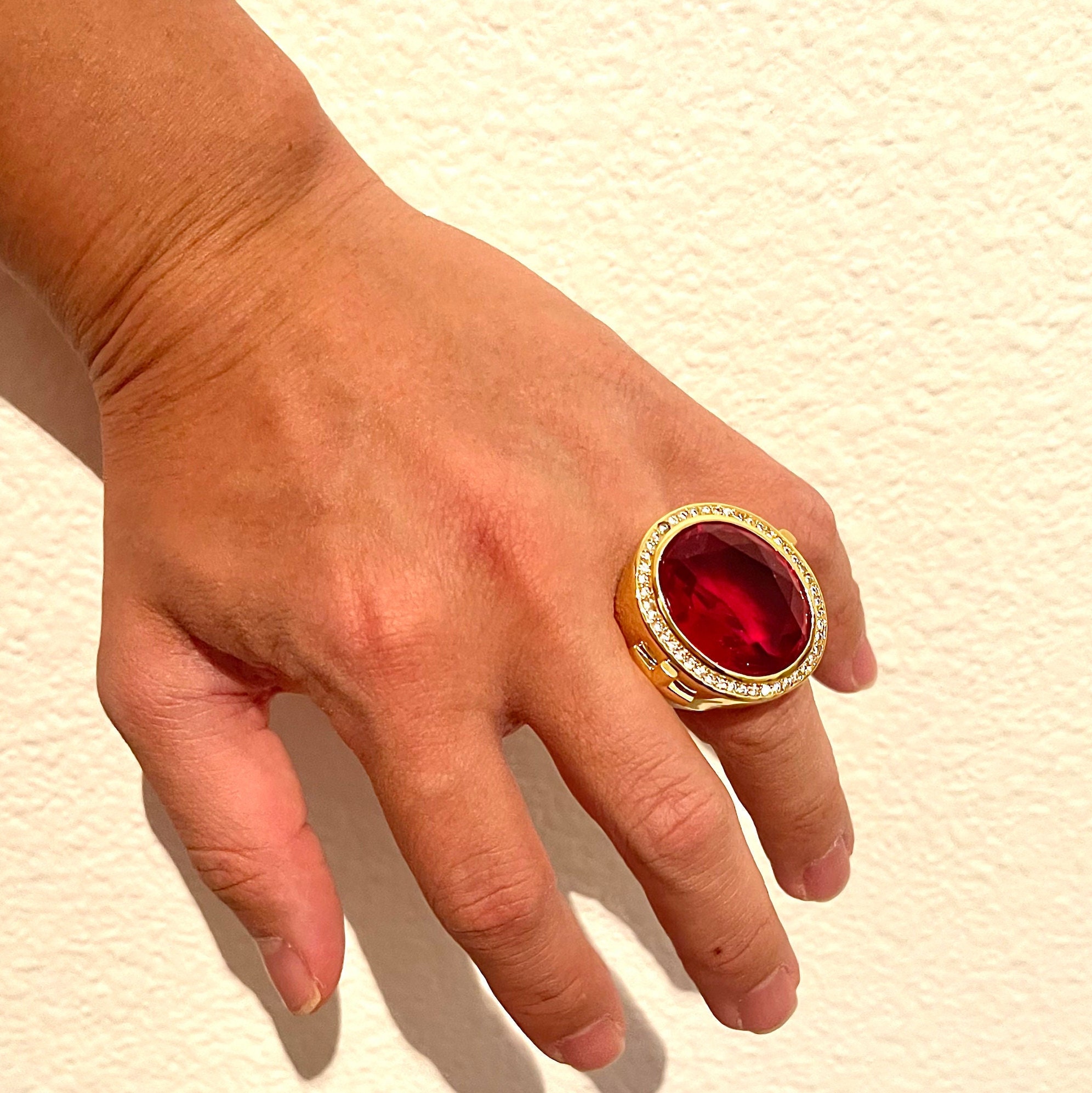 Ruby Red Cubic Zirconia 14k Gold Plated Bishop Cross Ring | Free USPS ...