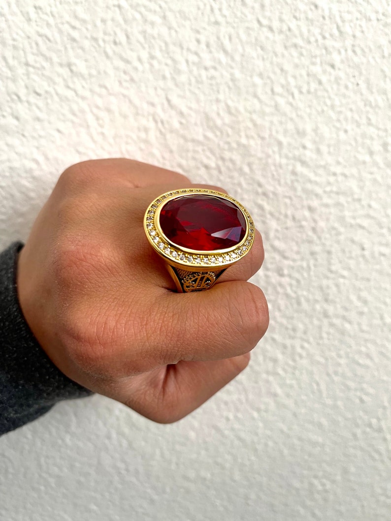 Ruby Red Cubic Zirconia 14k Gold Plated Bishop Cross and Midre Ring ...