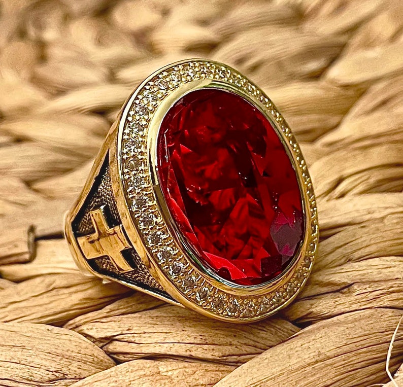 Ruby Red Cubic Zirconia 14k Gold Plated Bishop Cross and Midre Ring ...