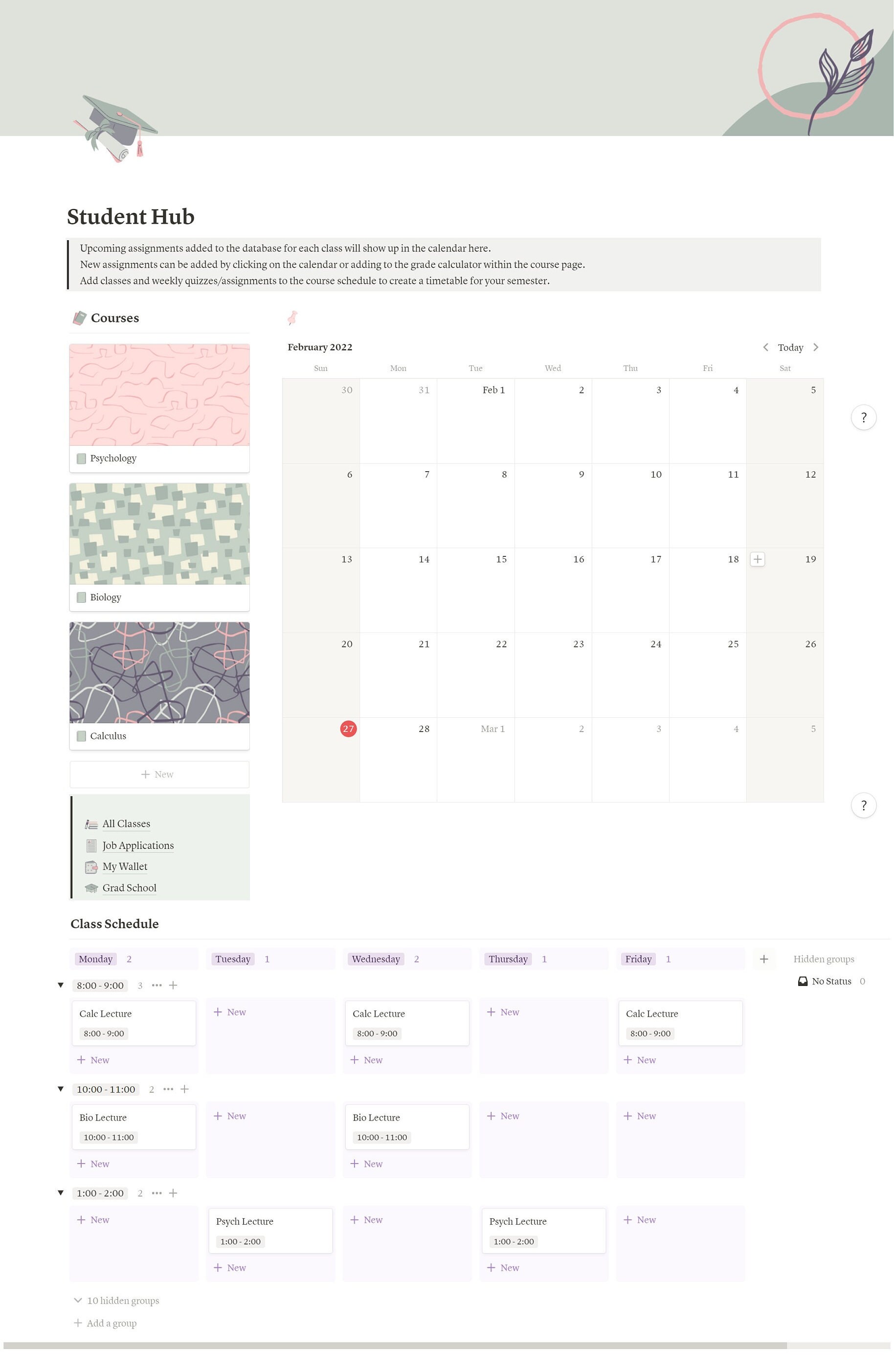 Notion Student Hub Template Cute Green & Pink Theme - Etsy
