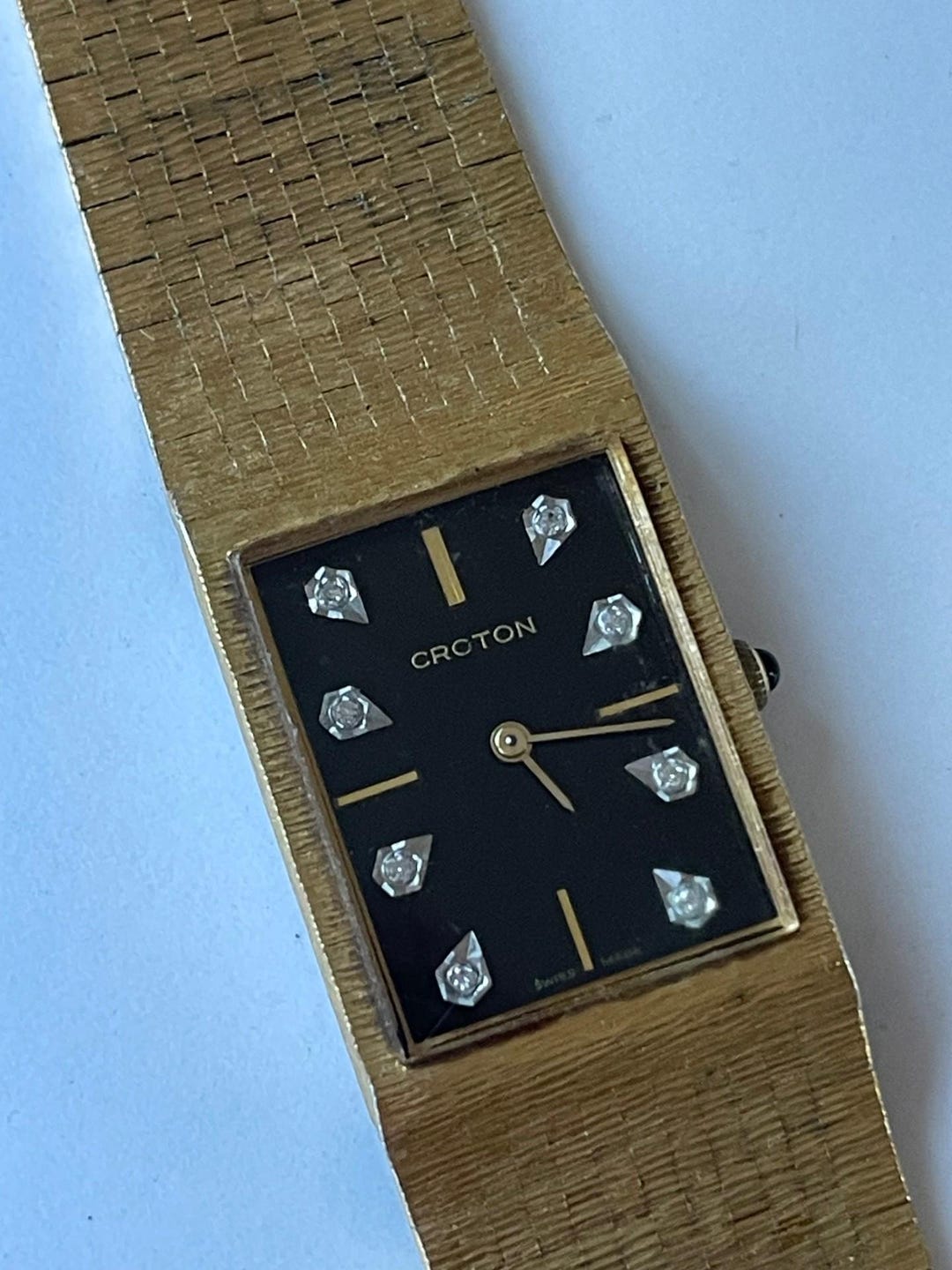Croton Gold Capped Black Diamonds Dial Rectangular Vintage Swiss Made ...