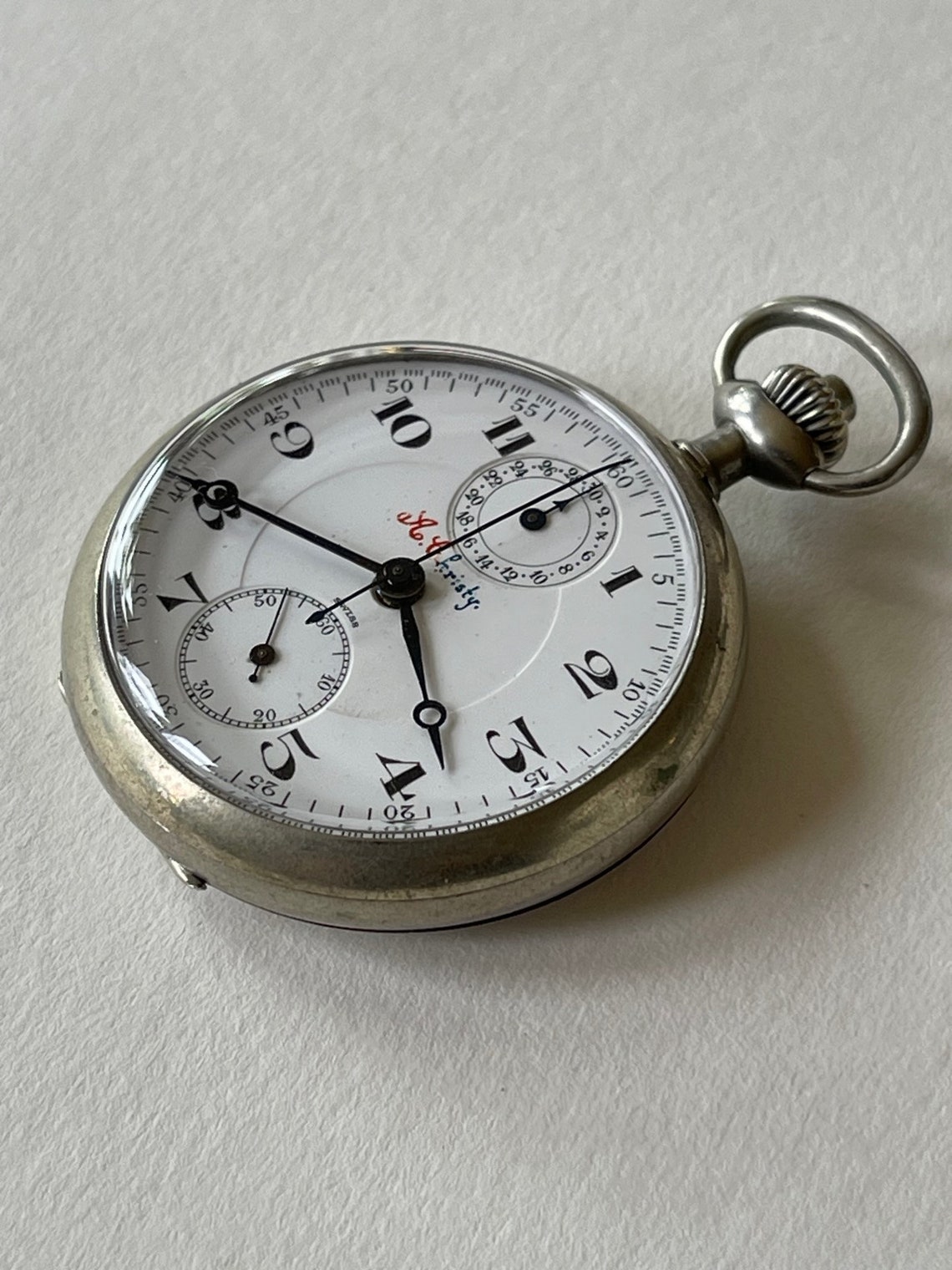 Abra A. Christy Chronograph Pocket Watch Stainless Steel White 2 Level ...