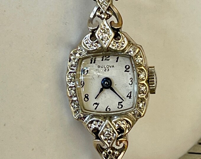 Bulova Ladies Art Deco Style Solid 14K (585)white Gold Genuine Diamonds ...