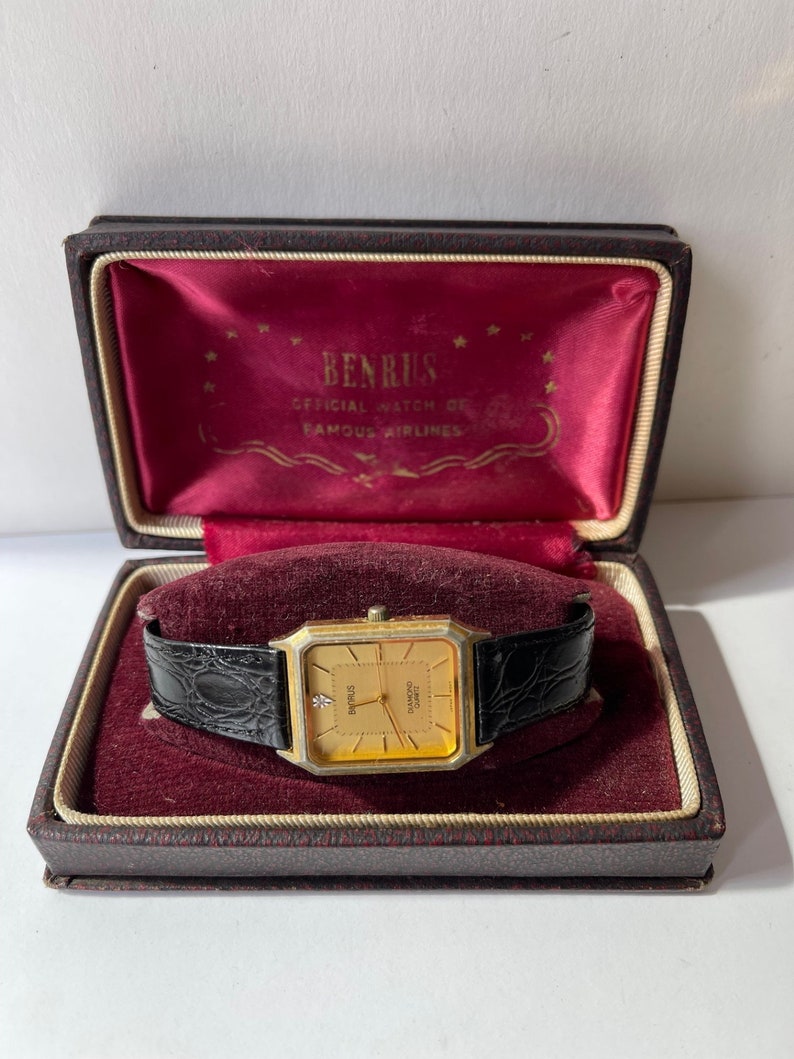 Benrus Diamond Rectangular Two Tone Dial Gold Capped Original Box Swiss ...