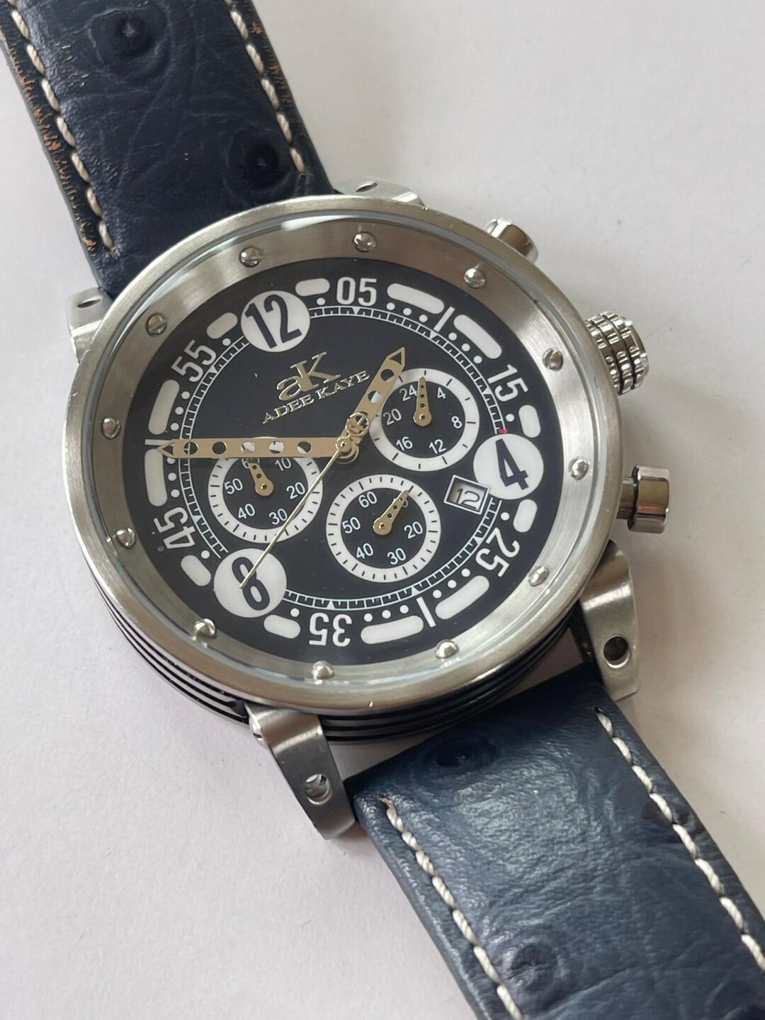 Adee Kaye Racing Chronograph Calendar Date Two Tone Black Dial Vintage ...