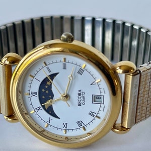 Becora Calendar Date Moon Phase Two Tone Dial Roman Numbers Gold Capped ...