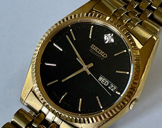Seiko Calendar Day/date Black Dial Diamond Gold Capped Vintage Made in ...