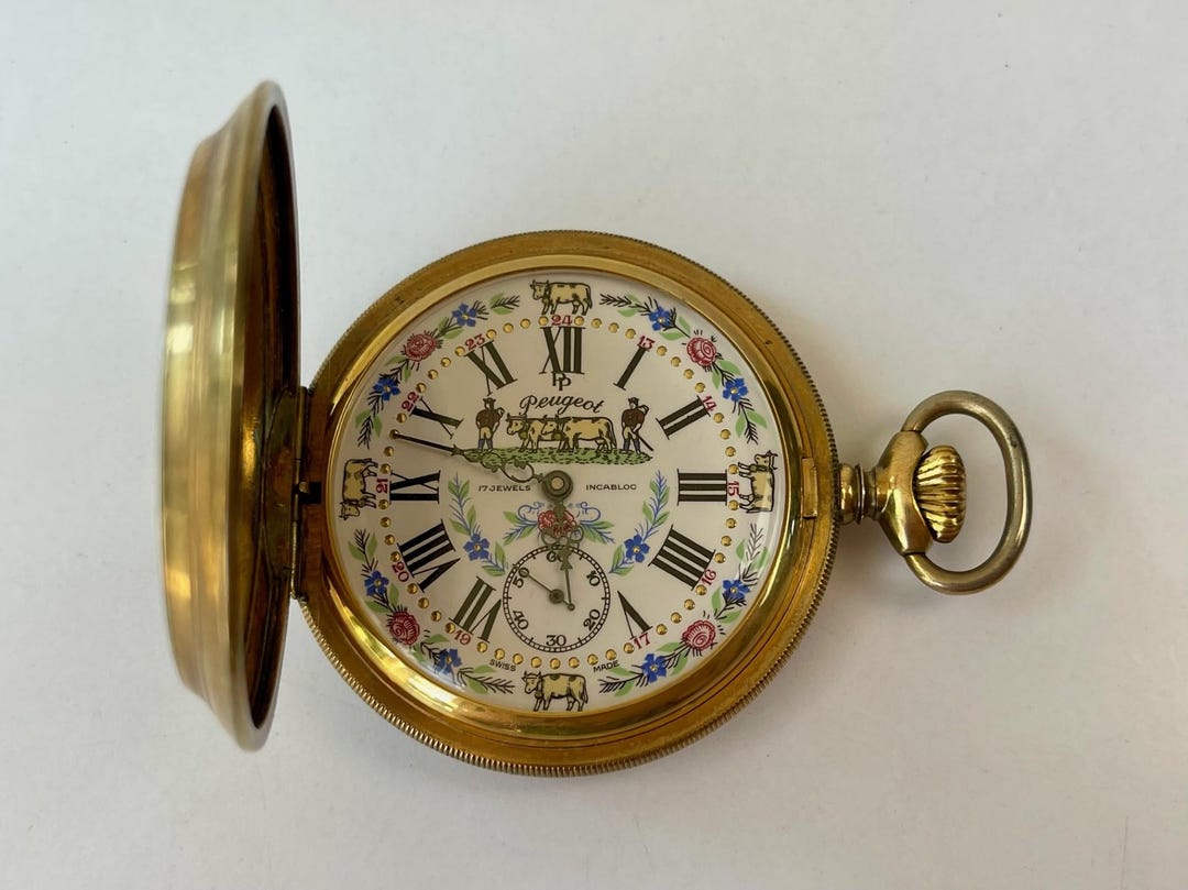 Peugeot Gold Capped Hunter Case Hand-painted Dial Pastoral Animal ...