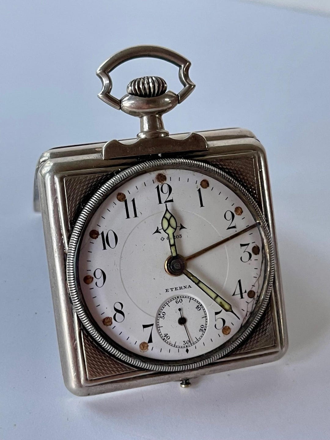 Eterna Solid Silver Square 2 Level White Porcelain Dial Pocket Watch ...