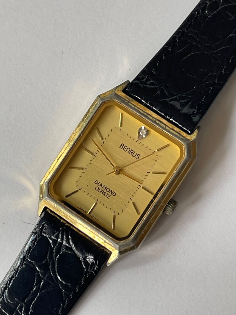 Benrus Diamond Rectangular Two Tone Dial Gold Capped Original Box Swiss ...