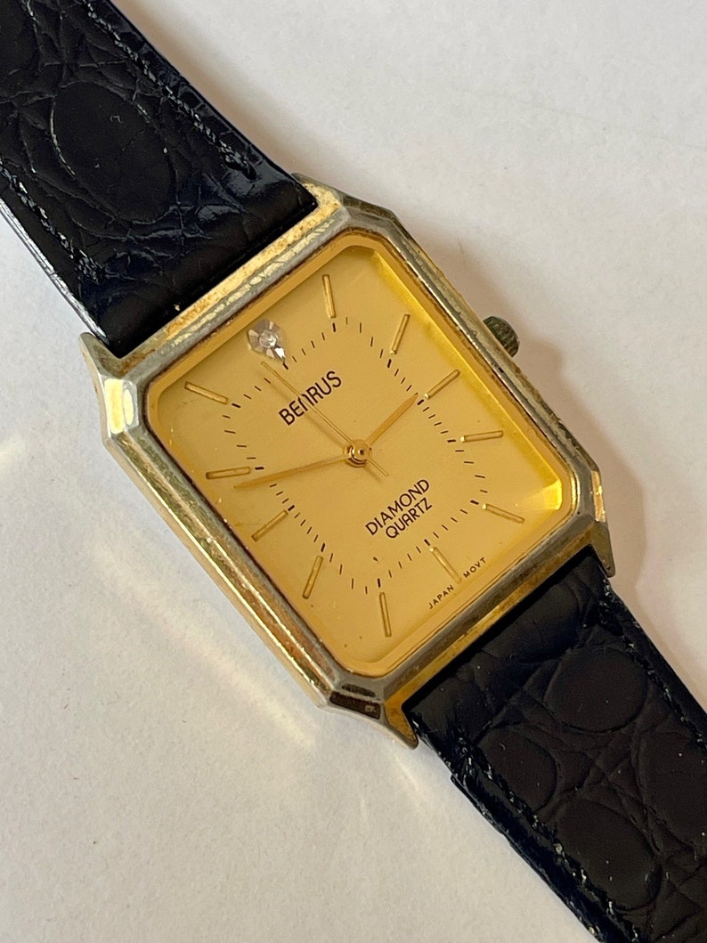 Benrus Diamond Rectangular Two Tone Dial Gold Capped Original Box Swiss ...