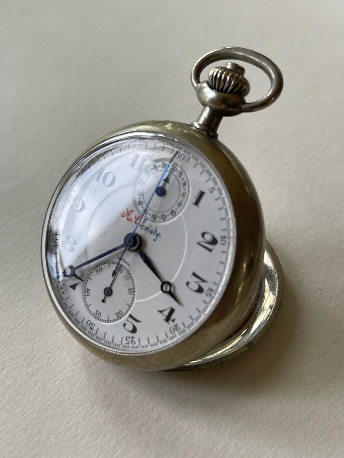 Abra A. Christy Chronograph Pocket Watch Stainless Steel White 2 Level ...