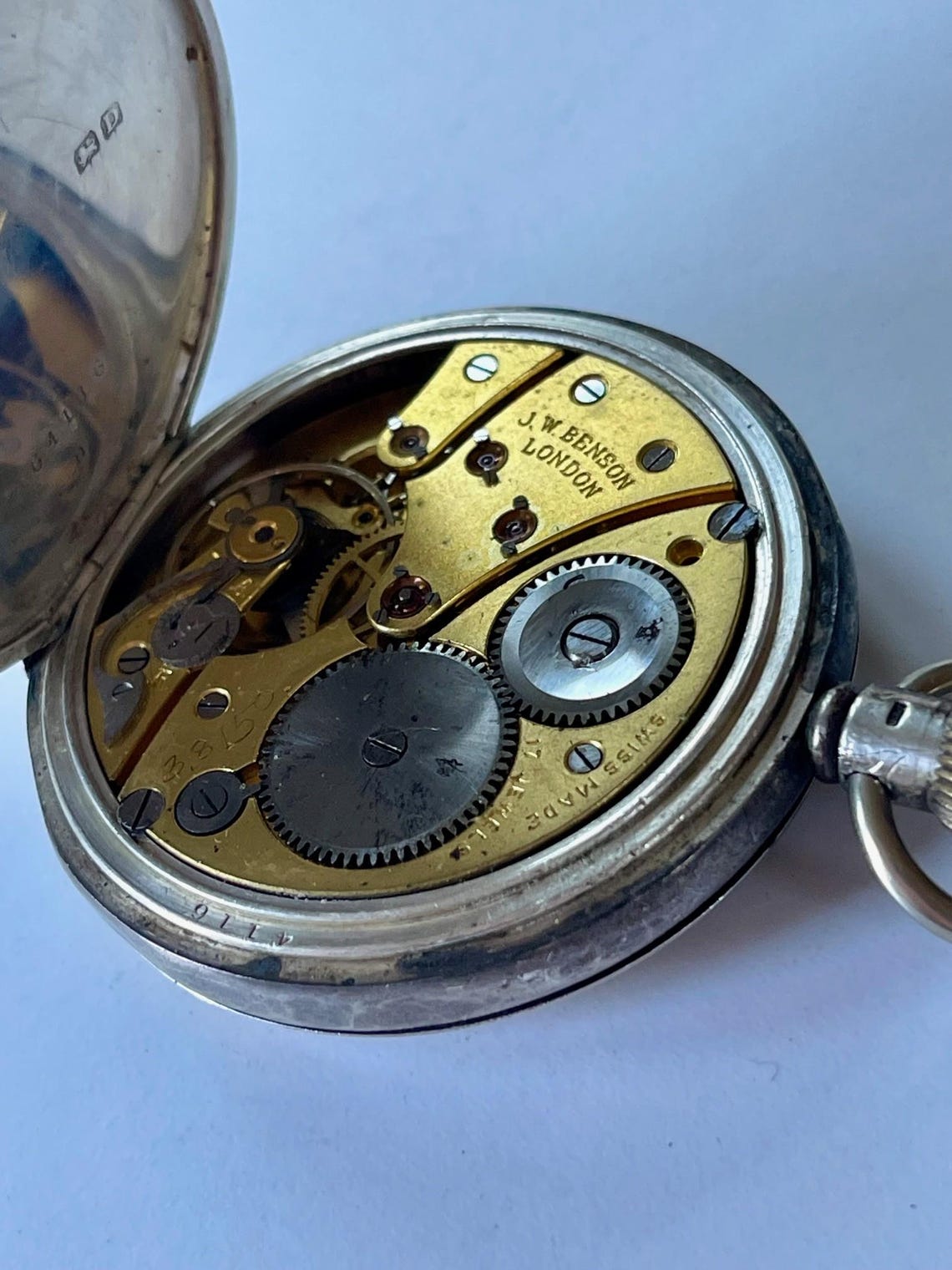 J.W. Benson London Solid Sterling Silver Half Hunter White Porcelain ...