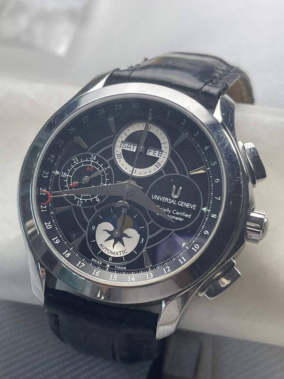Universal Genève Okeanos Moon Phase Chronograph Black Two Tone Dial Day ...
