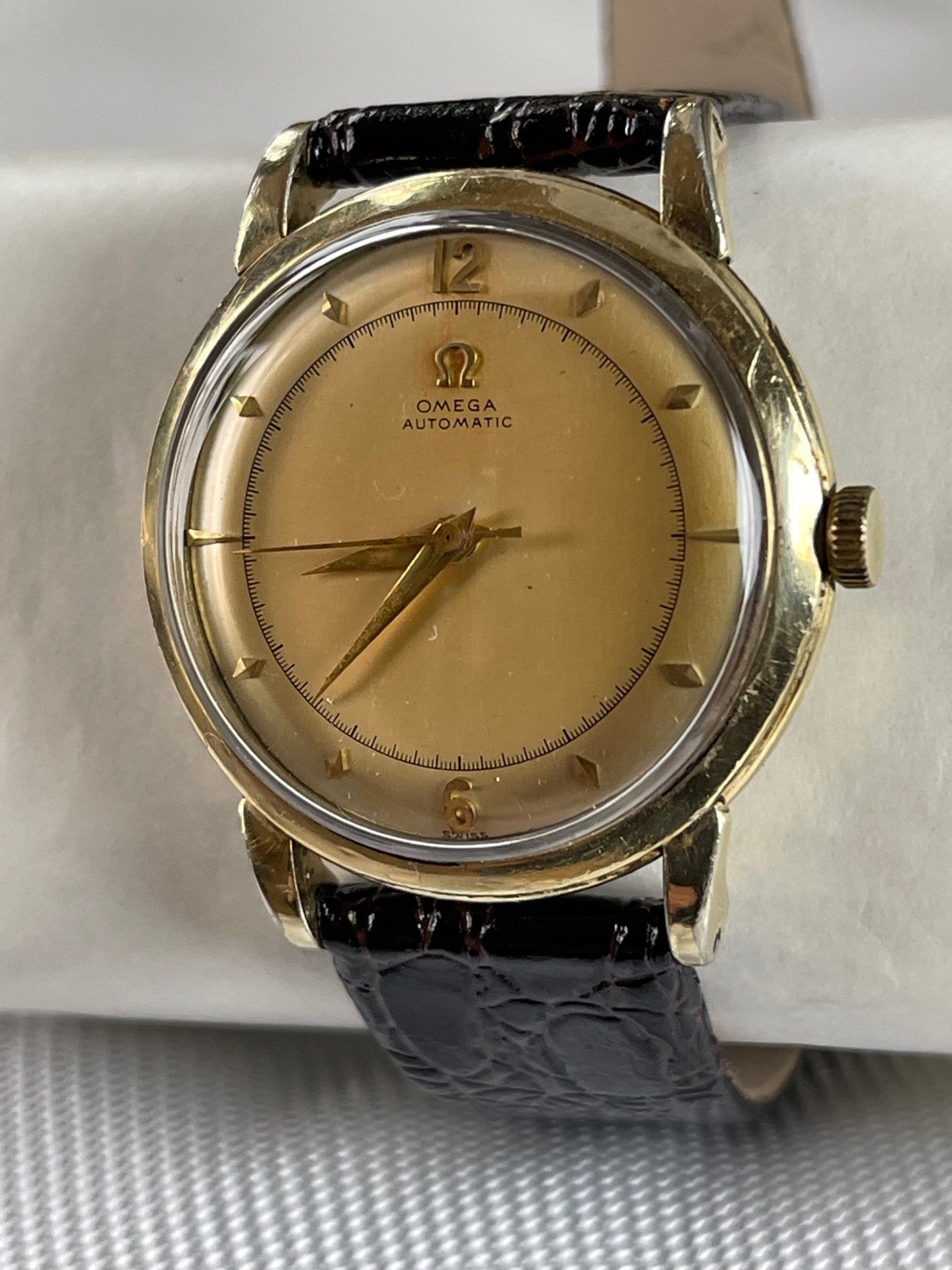 Omega Gold Capped Bumper Automatic Two Tone Pie Pan Dial Screw Down ...
