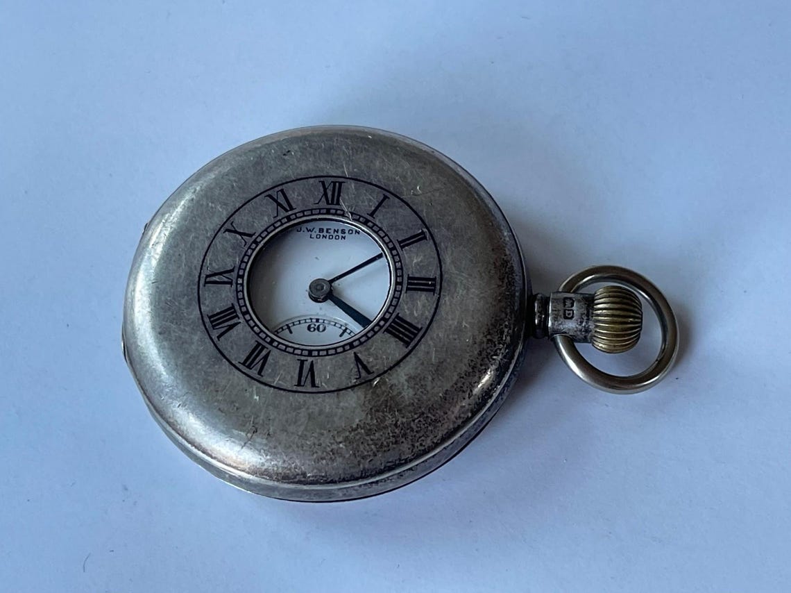 J.W. Benson London Solid Sterling Silver Half Hunter White Porcelain ...