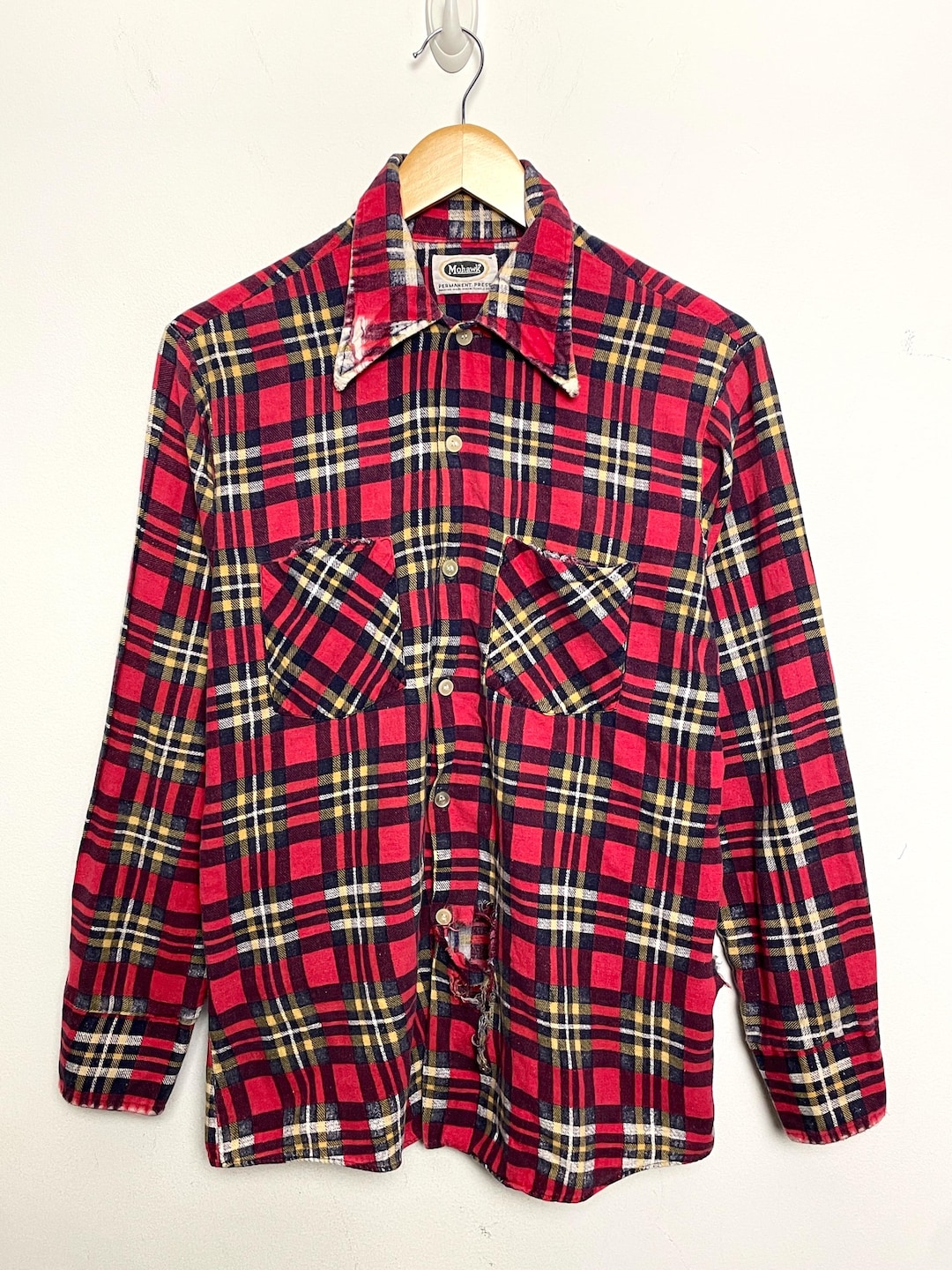 Vintage 1970s Mohawk Permanent Press Red Plaid Flannel Button up Long ...