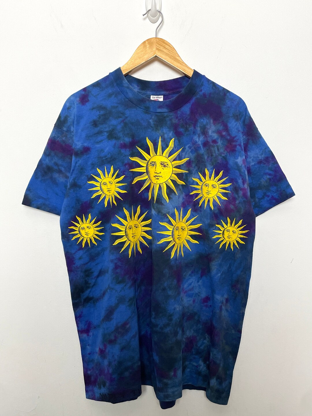 Vintage 1990s Nappy Threads Multi Sun Face Graphic Blue Dyed Made in ...