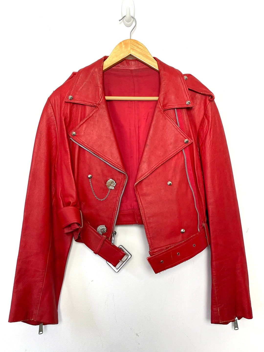 Vintage 1960s Red Leather Cropped Fit Studded Chain Emblem Motorcycle ...