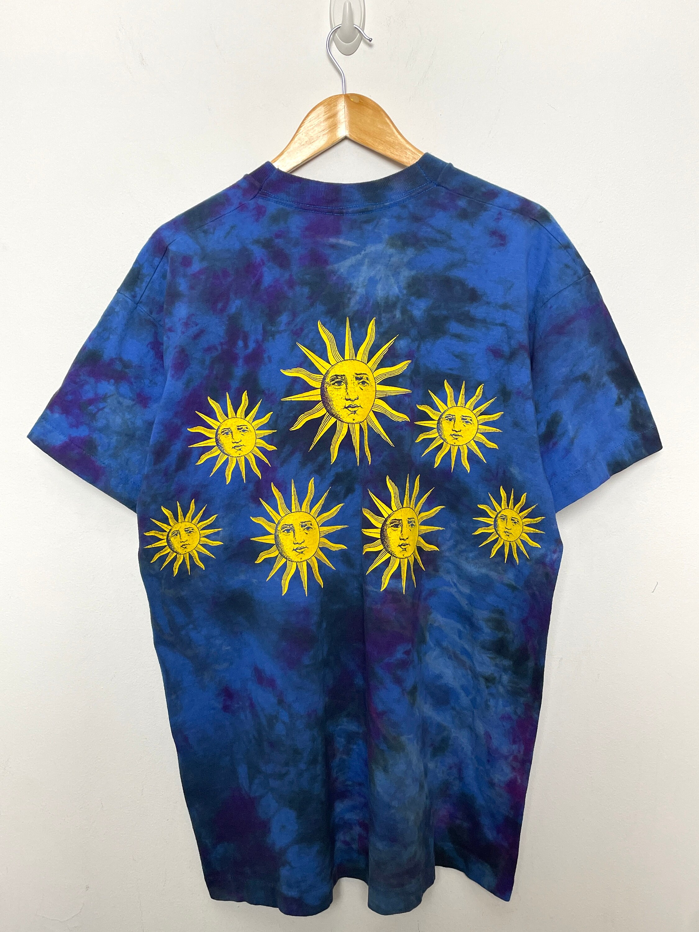 Vintage 1990s Nappy Threads Multi Sun Face Graphic Blue Dyed Made in ...