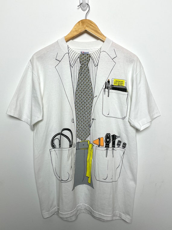 1978 Leslie Arwin Doctor Lab Coat Graphic Shirt 70s V… - Gem
