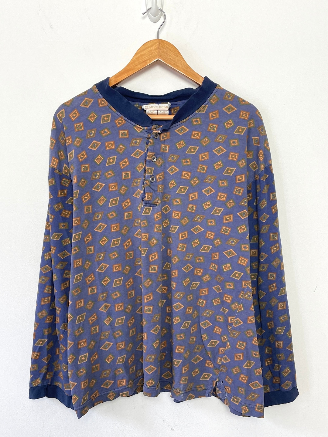Vintage 1990s Print Geometric Pattern Long Sleeve Henley Shirt (fits ...