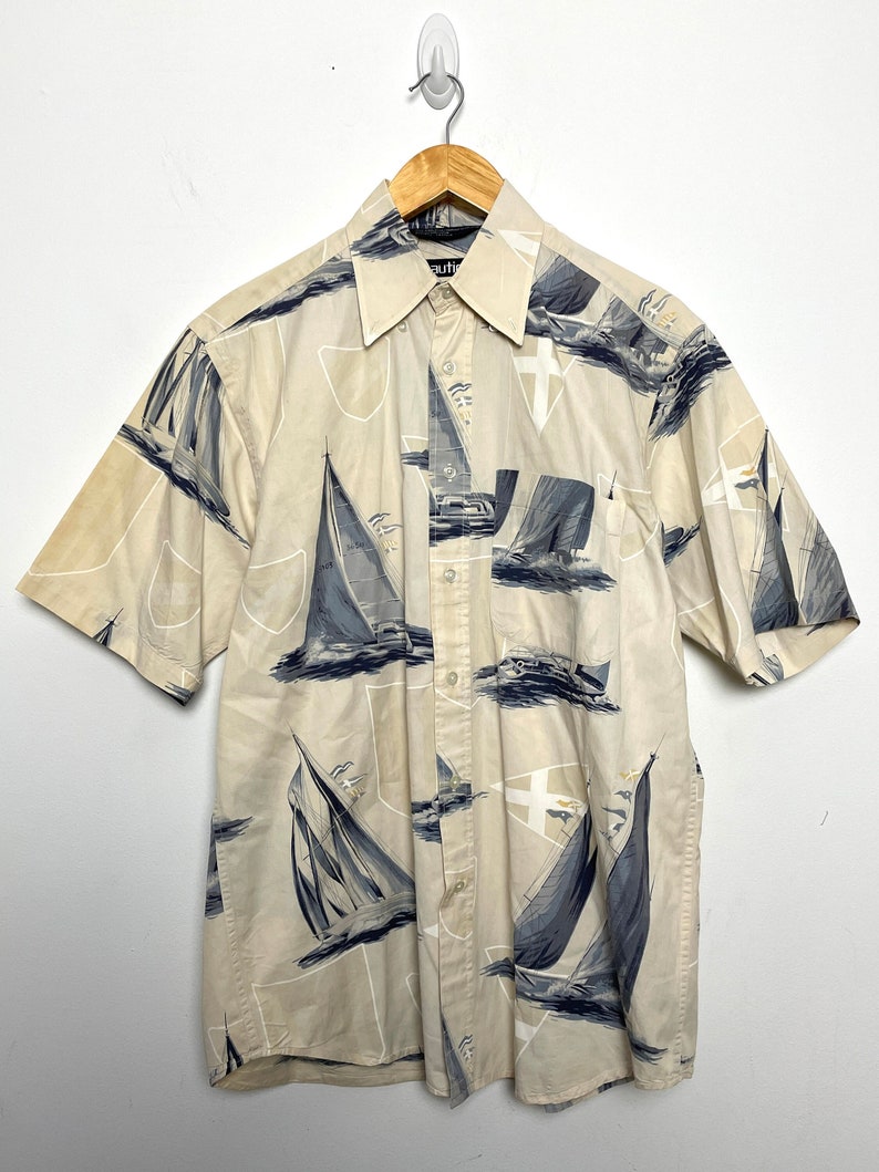 Vintage 1990s Nautica Sailing All Over Print Sail Boat Graphic Button ...