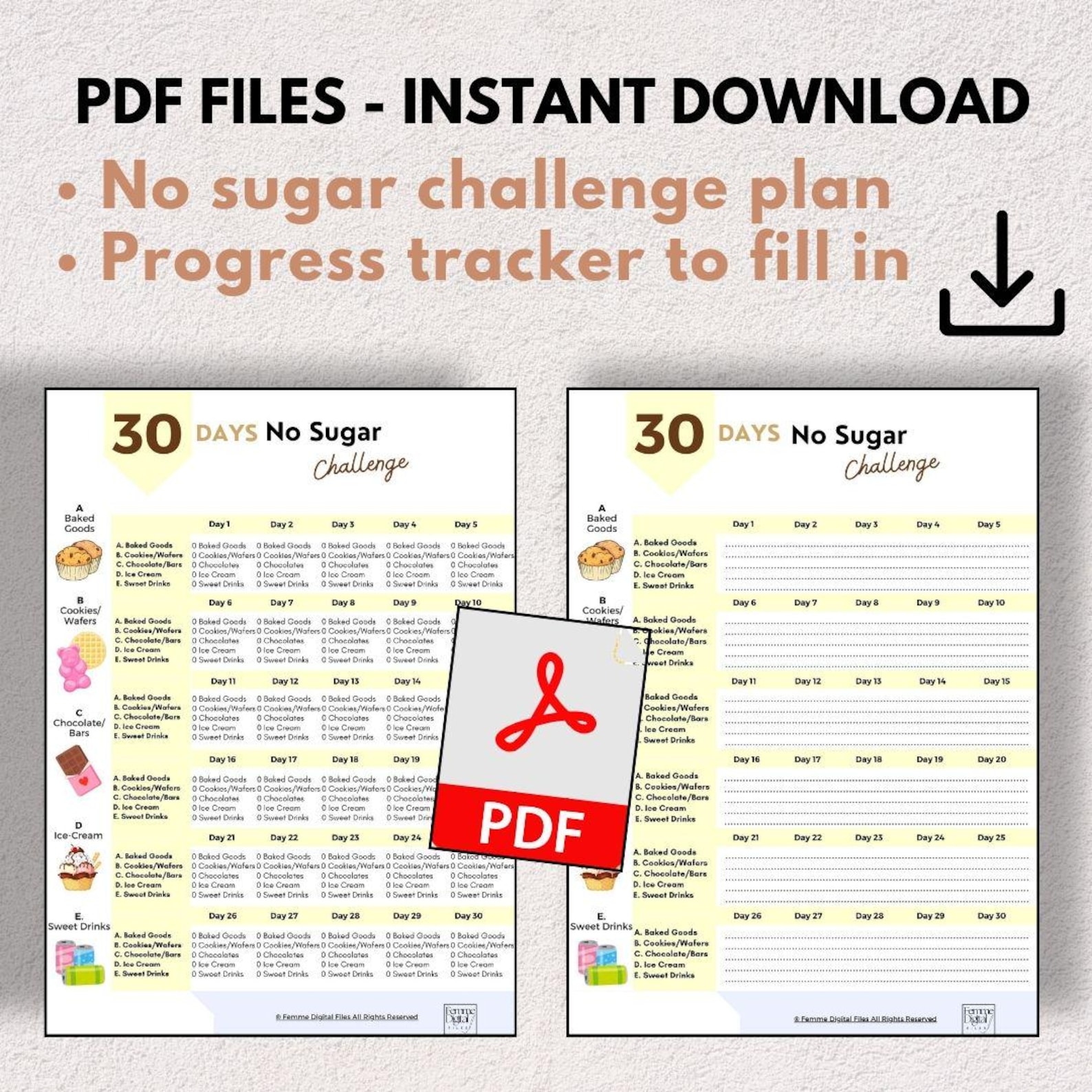 30-day No Sugar Challenge Chart: Sugar Detox Calendar (PDF Printable ...