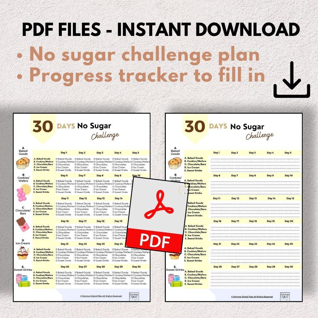 30-day No Sugar Challenge Chart: Sugar Detox Calendar (PDF Printable ...