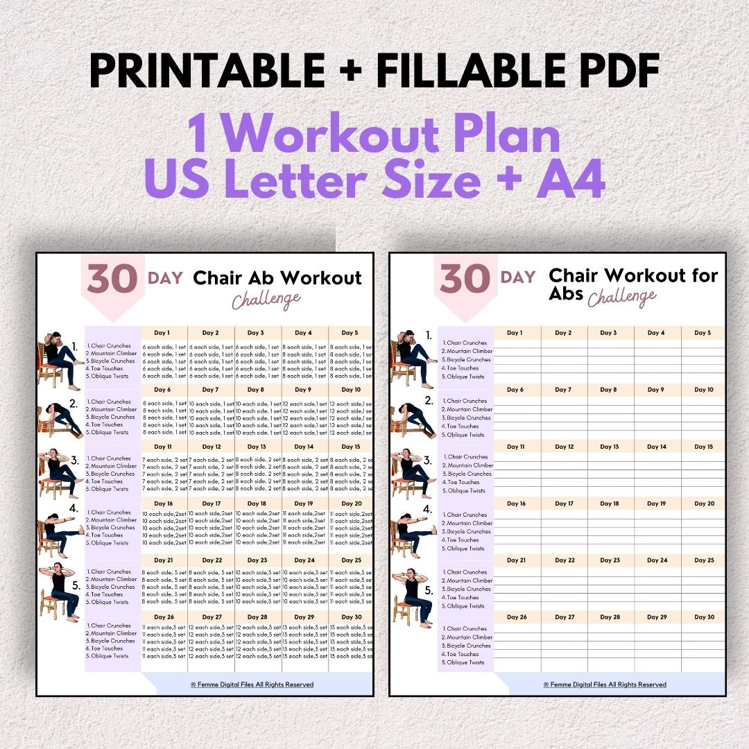 30 Day Chair Ab Challenge, Printable+fillable, Sofa Exercise, Seniors ...