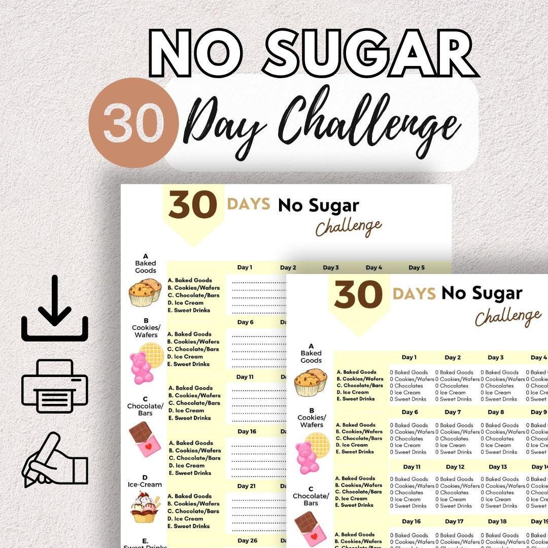 30-day No Sugar Challenge Printable, Diabetes Checklist, Sugar Detox ...