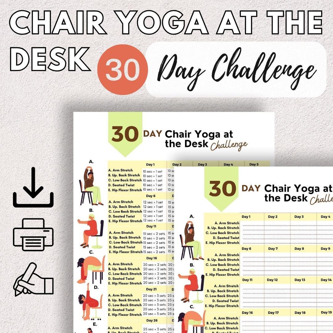 Desk Yoga Poses, Printable 30-day Chair Yoga Challenge, Easy Office ...