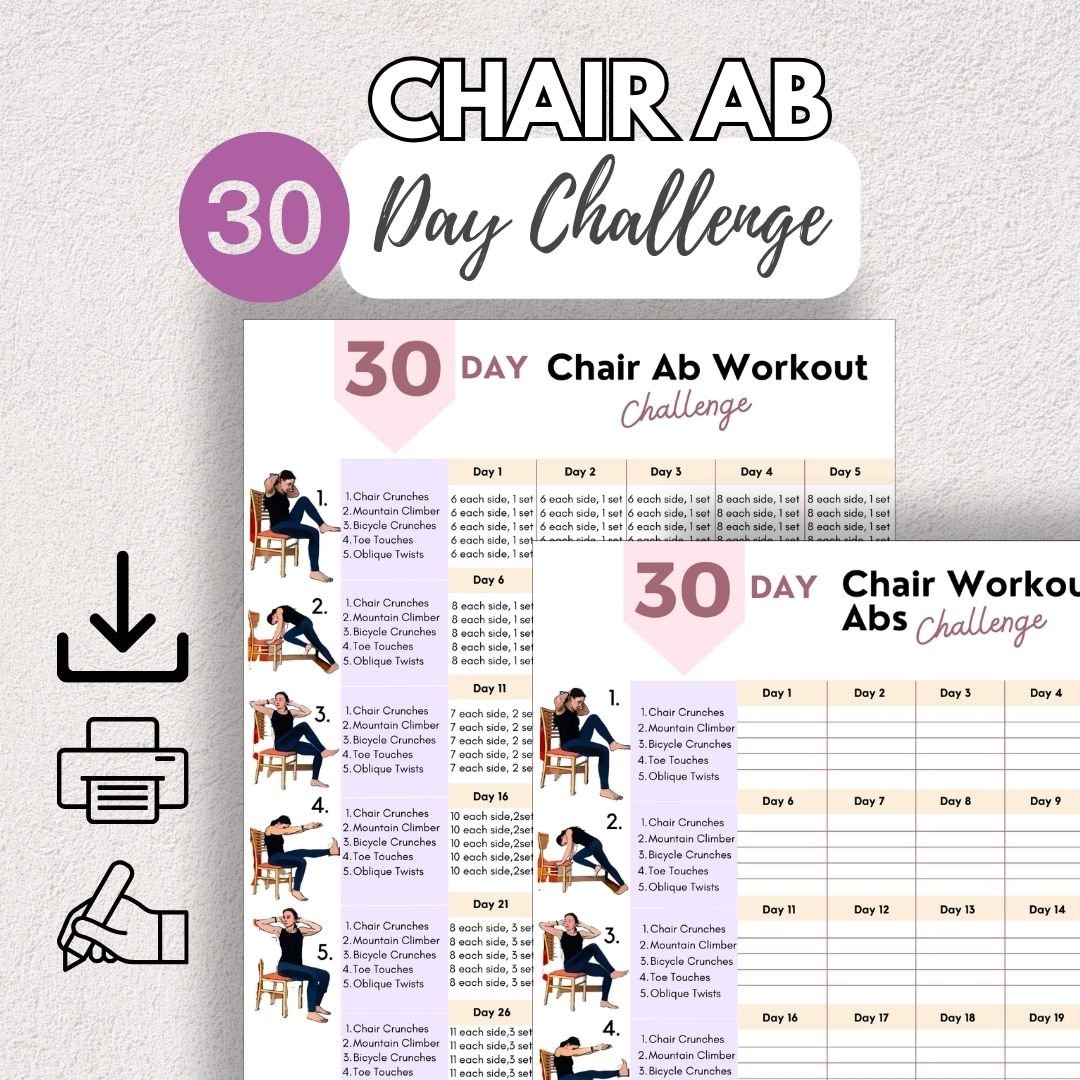 30 Day Chair Ab Challenge, Printable+fillable, Sofa Exercise, Seniors ...