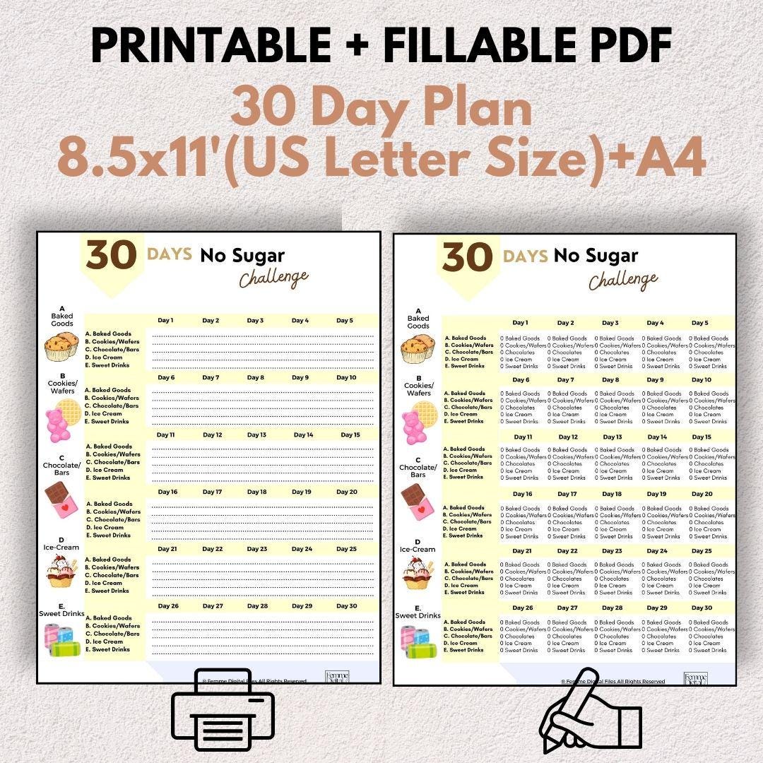 30-day No Sugar Challenge Printable, Diabetes Checklist, Sugar Detox ...