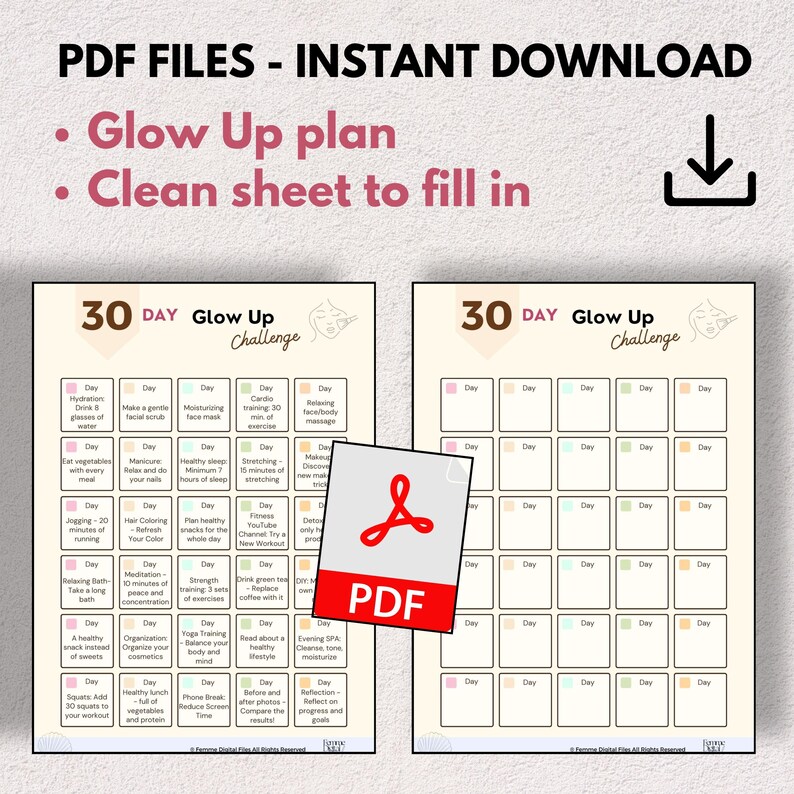 30 Day Glow up Challenge, Glow up Guide, Glow up Planner, Glow up Checklist, Wellness Plan ...