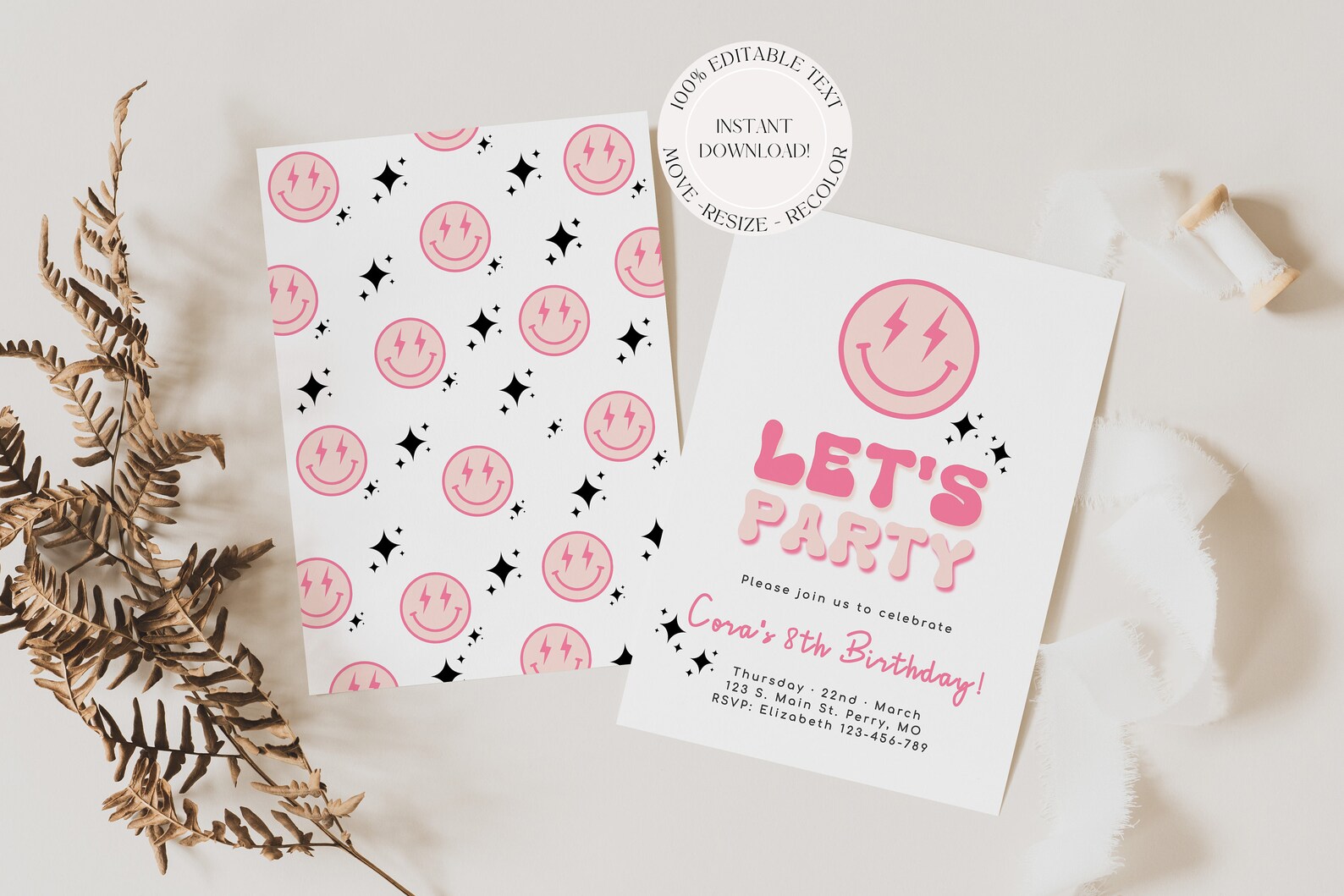 Pink Smiley Face Birthday Invite Template, Preppy Smiley Face Instant ...