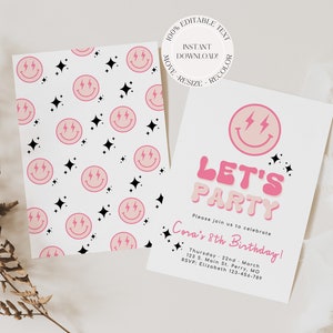 Pink Smiley Face Birthday Invite Template, Preppy Smiley Face Instant ...