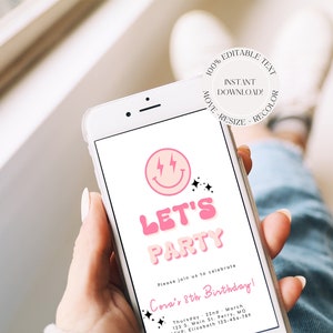 Pink Smiley Face Birthday Invite Template, Preppy Smiley Face Instant ...