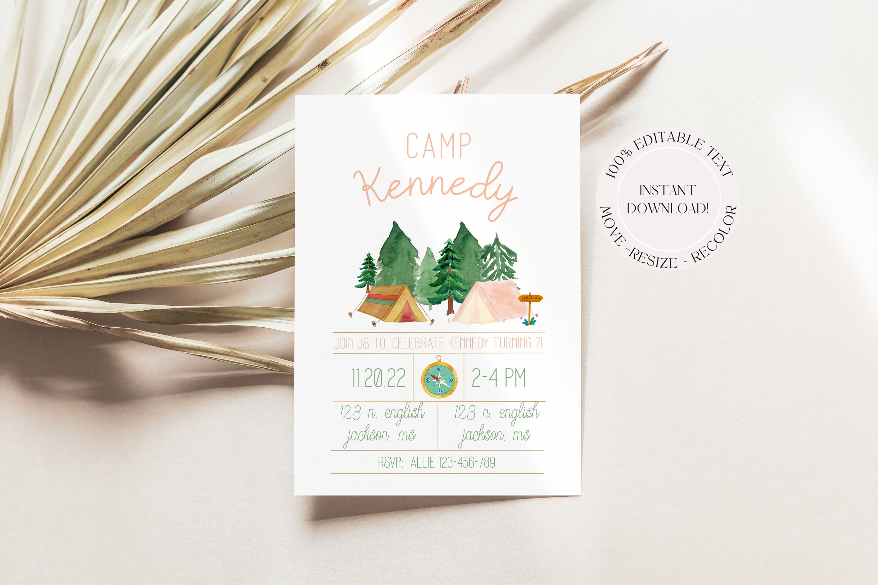 Pink Camping Birthday Invite Template, Girl Camping Birthday Invitation Editable, One Happy ...