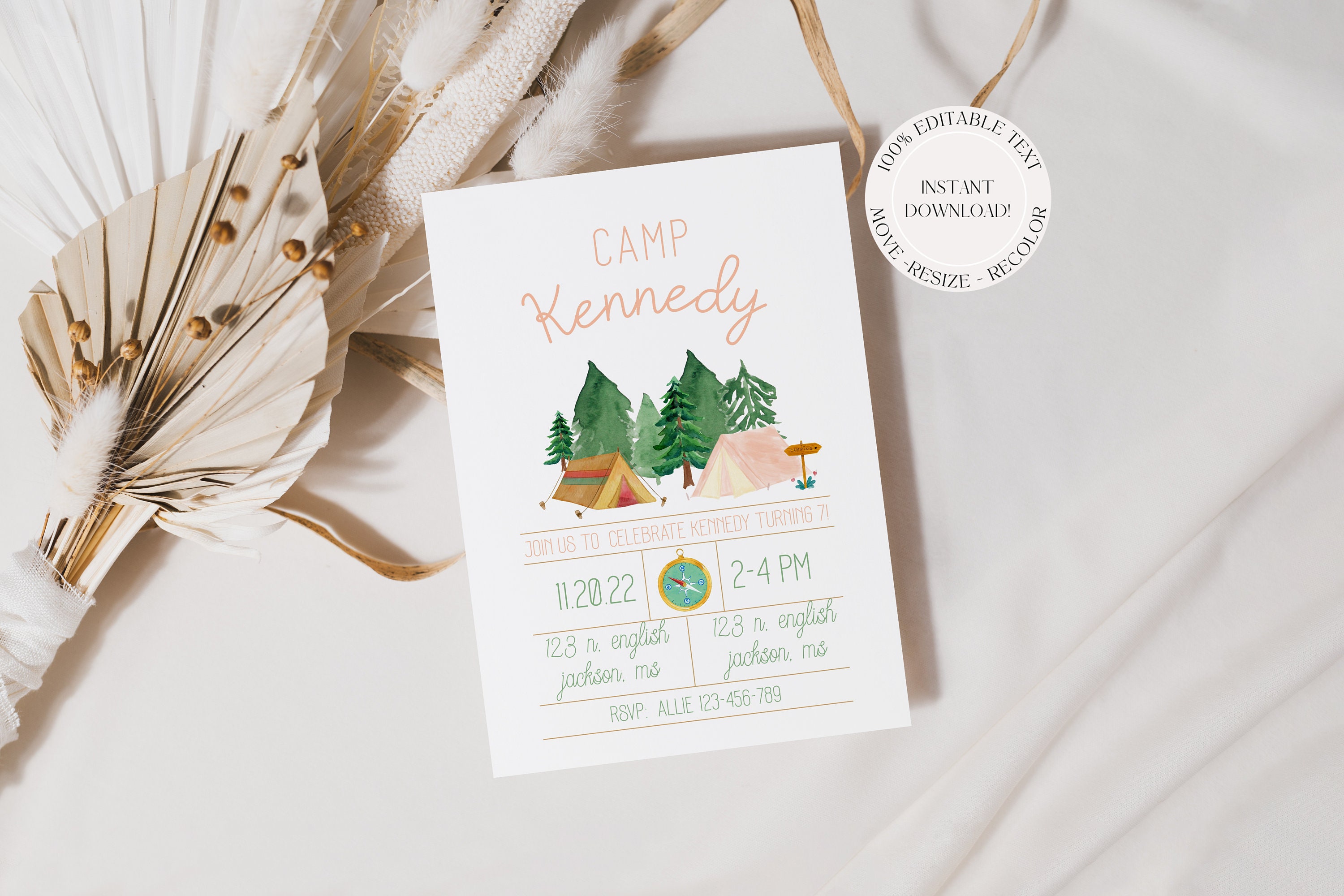 Pink Camping Birthday Invite Template, Girl Camping Birthday Invitation Editable, One Happy ...