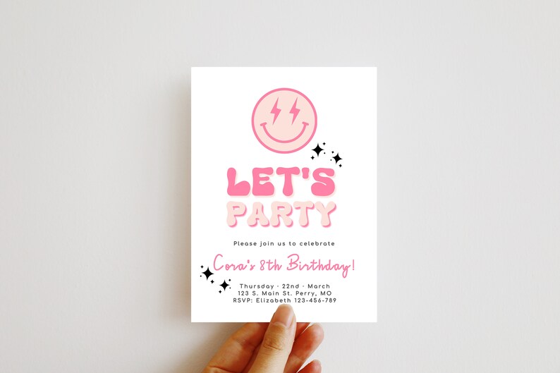 Pink Smiley Face Birthday Invite Template, Preppy Smiley Face Instant ...