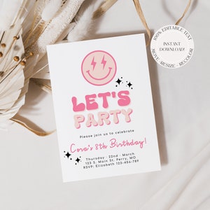 Pink Smiley Face Birthday Invite Template, Preppy Smiley Face Instant ...