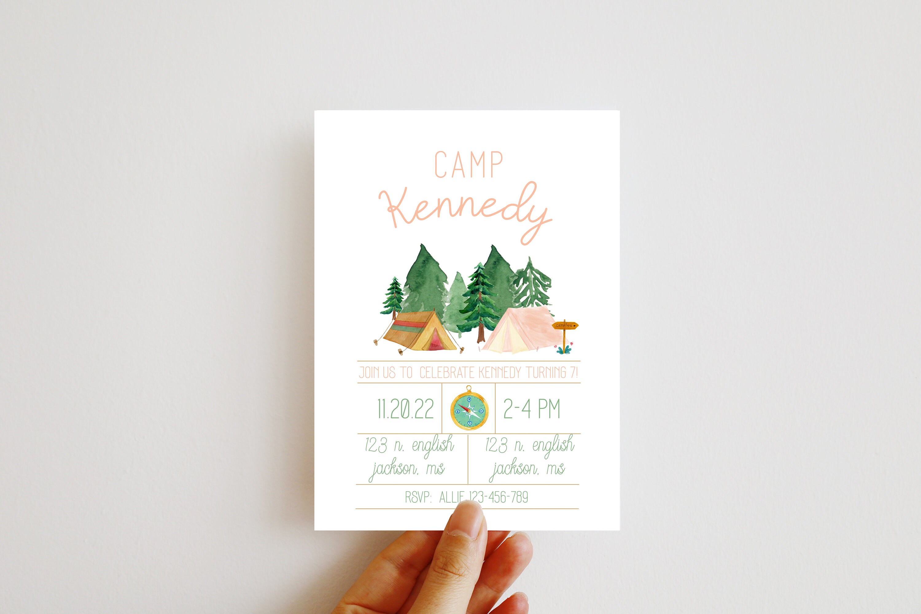 Pink Camping Birthday Invite Template, Girl Camping Birthday Invitation Editable, One Happy ...