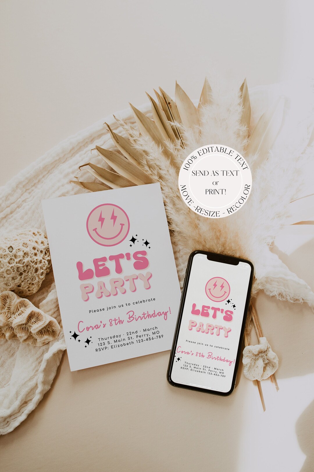 Pink Smiley Face Birthday Invite Template, Preppy Smiley Face Instant ...