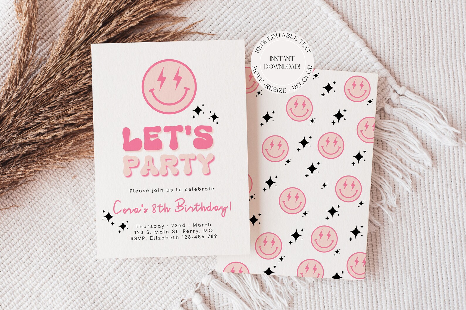 Pink Smiley Face Birthday Invite Template, Preppy Smiley Face Instant ...
