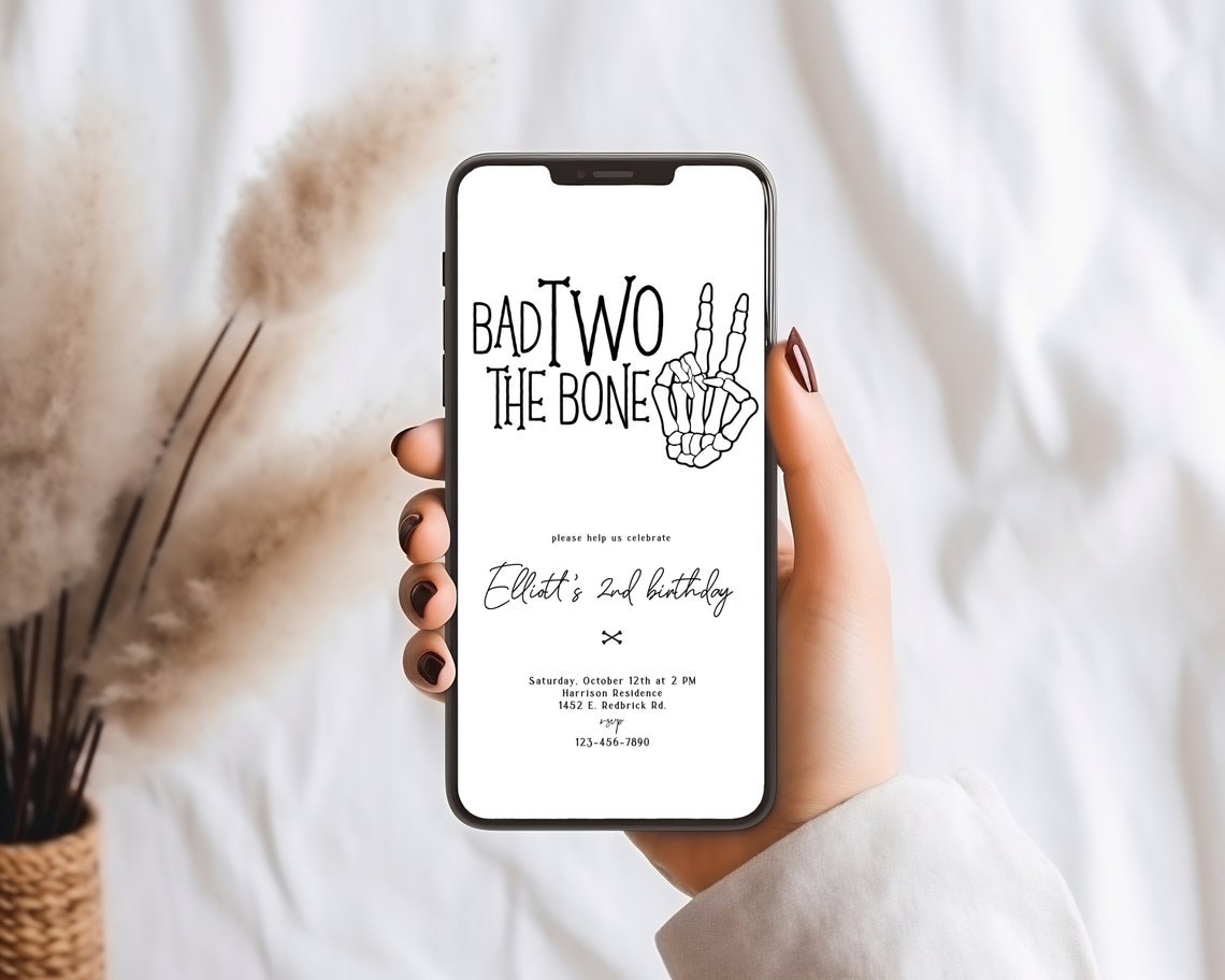 Bad Two the Bone 2nd Birthday Invite Template, Halloween Birthday ...