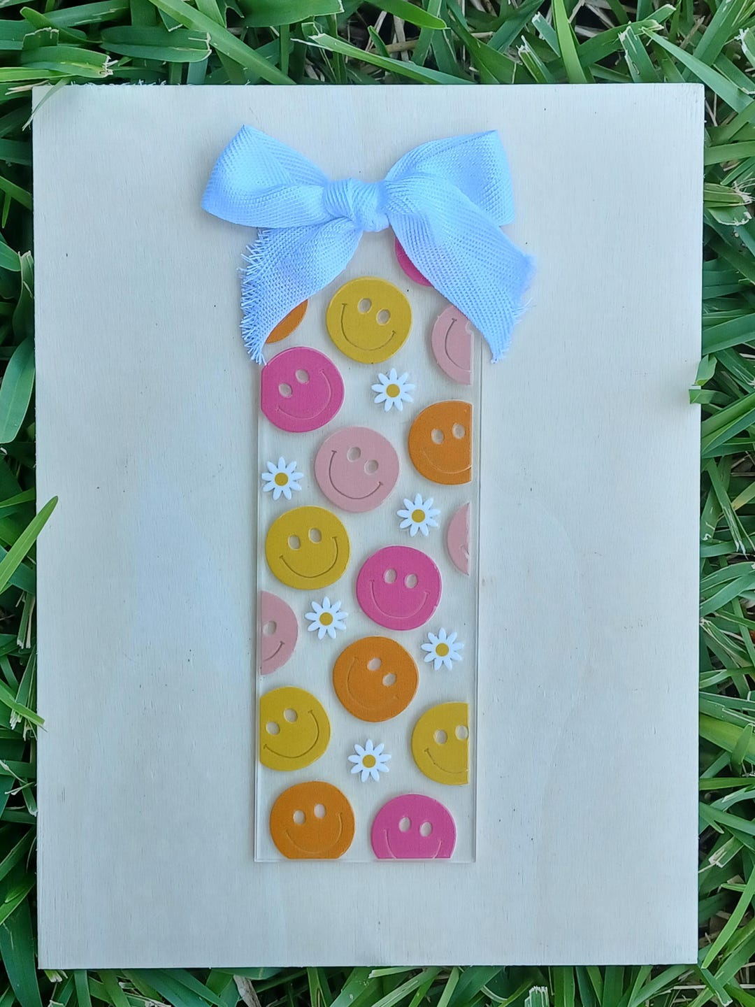 Handmade Acrylic Bookmark: Happy Smiley Faces With White Bow - Etsy