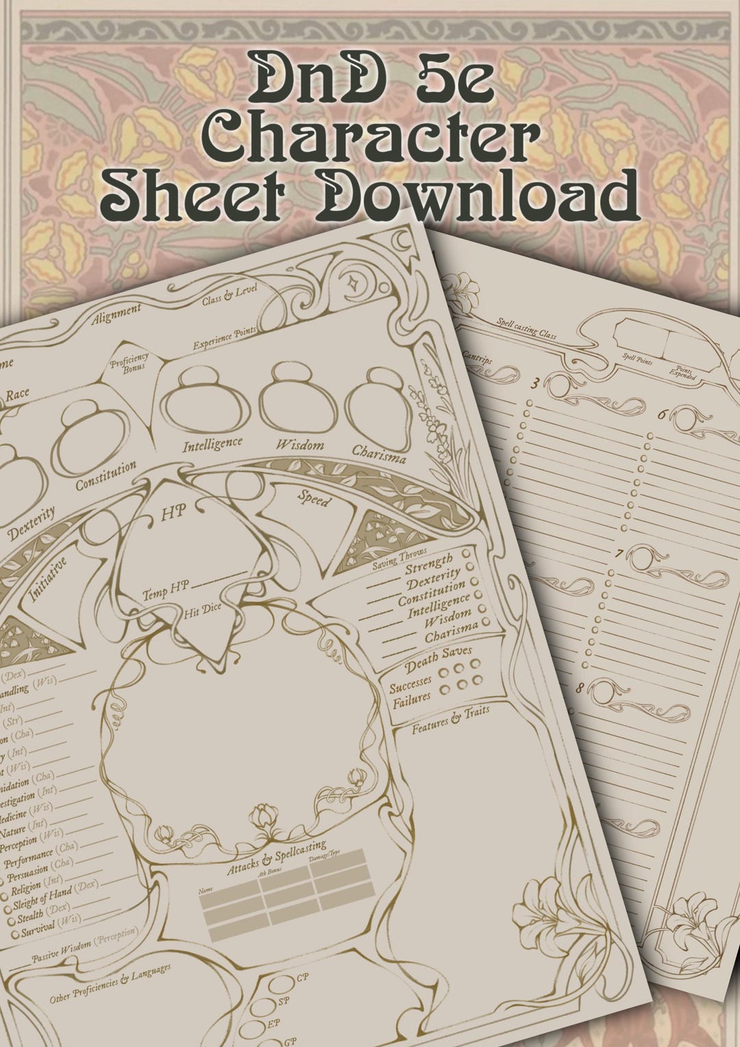 Dnd 5e Character Sheet Art Nouveau Printable Download PDF - Etsy UK